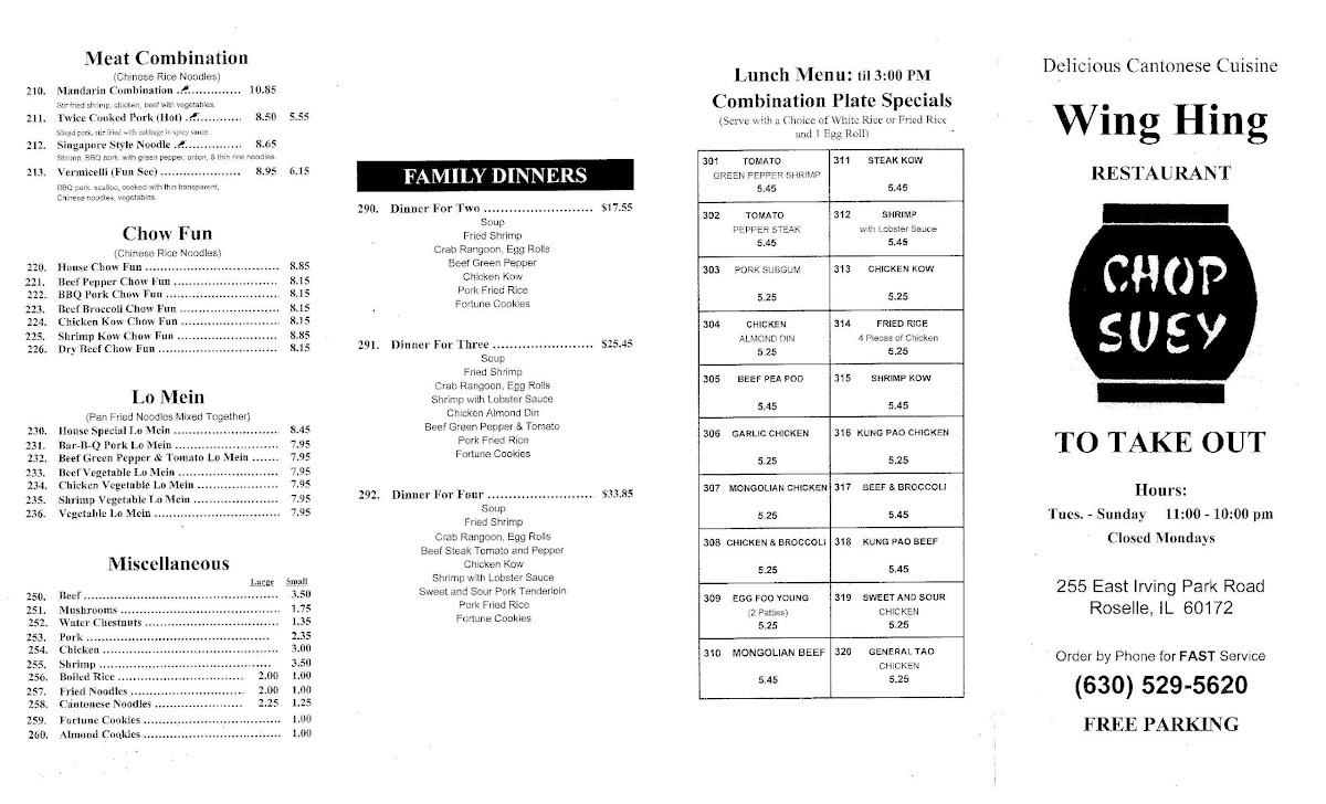 Menu at Wing Hing Restaurant, Roselle