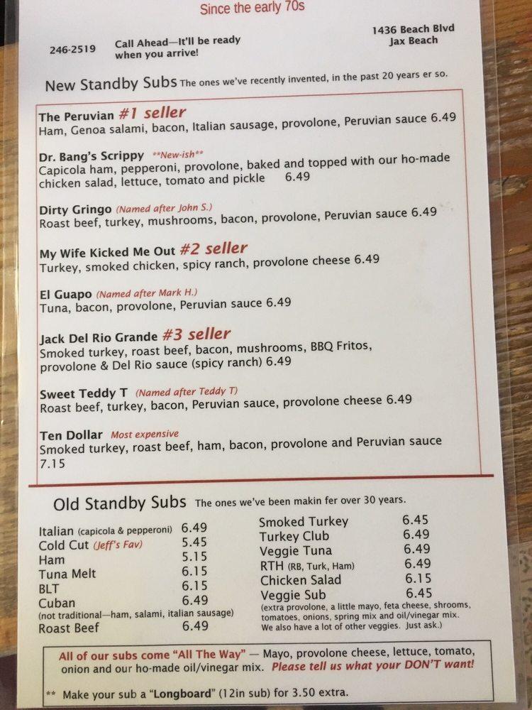 Menu at Angie's Subs At Jax Beach restaurant, Jacksonville Beach