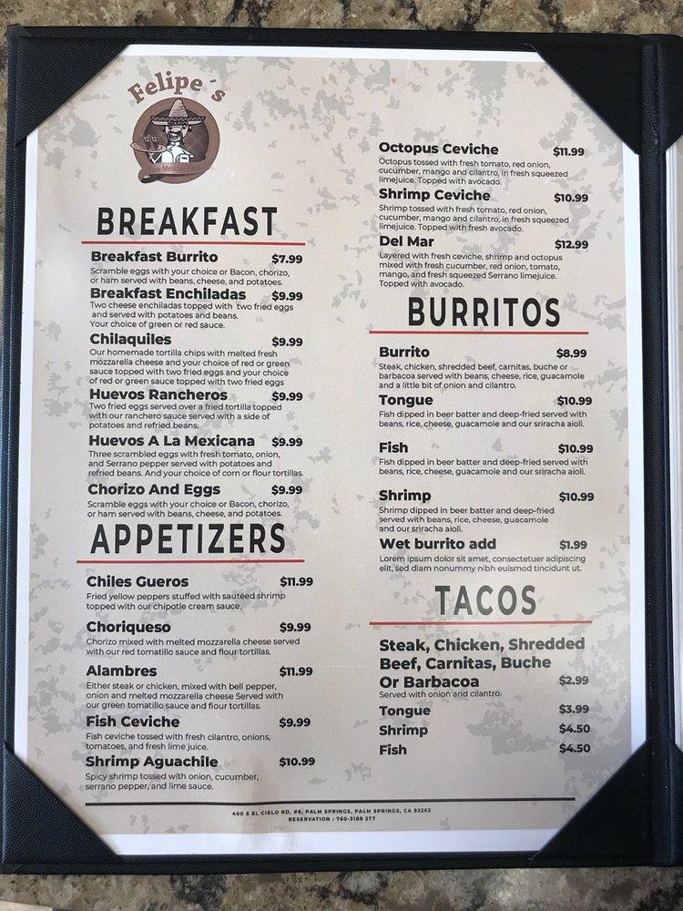 Menu at Felipe's Palm Springs restaurant, Palm Springs
