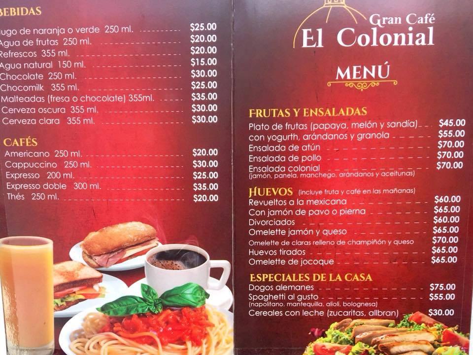 Carta de Gran cafe el colonial, Tehuacán