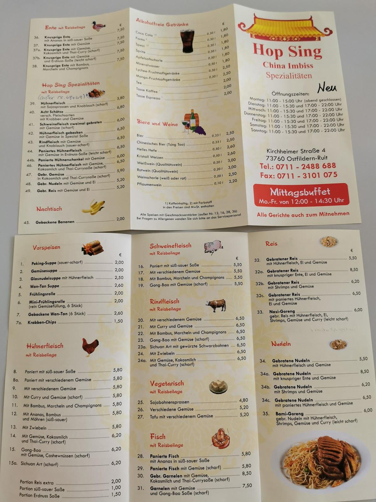 Speisekarte von Hop-Sing China-Imbiss fast Food, Ostfildern