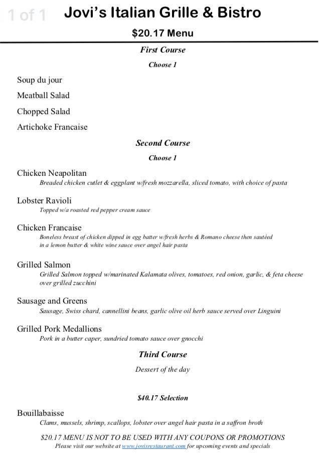 Menu at Jovi's restaurant, Buffalo