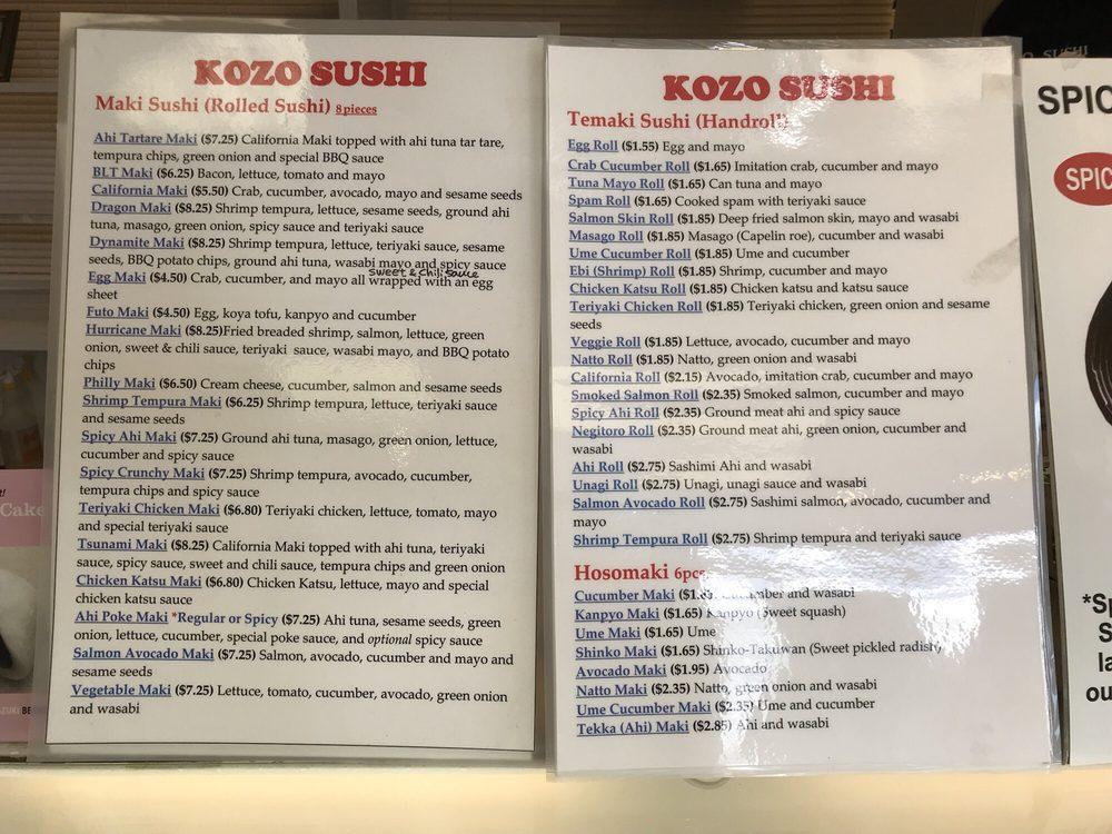 Menu at Kozo Sushi restaurant, Honolulu, S King St