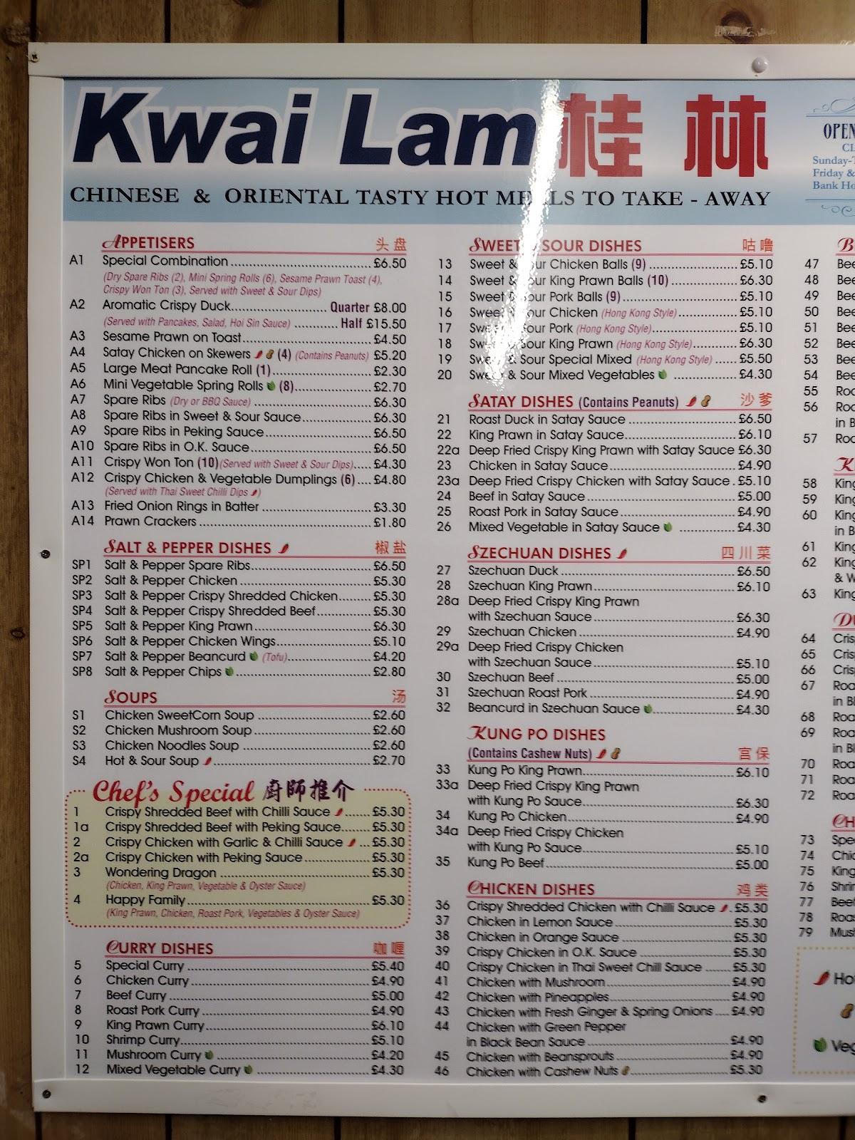 Menu at Kwai Lam Chinese Take Away fast food, Howden