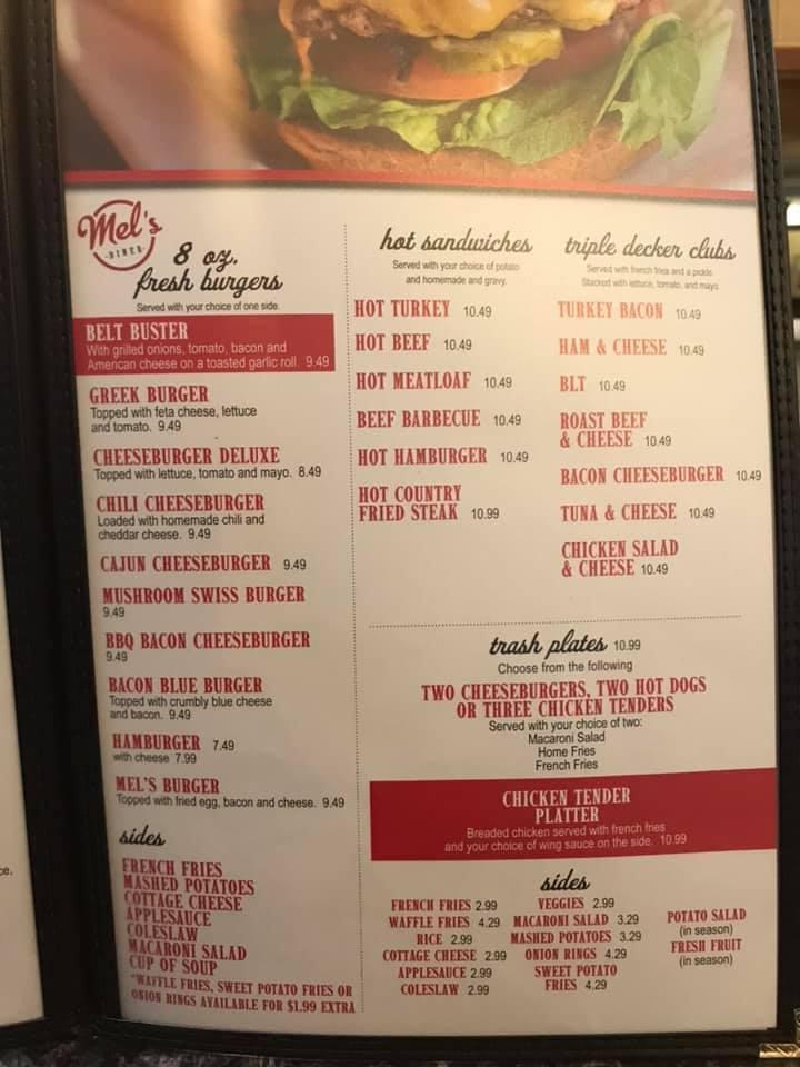 Menu at Mel's Diner cafe, Rochester, Mt Read Blvd