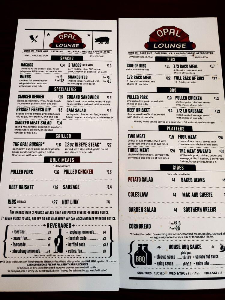 Menu at Opal Lounge pub & bar, Tacoma