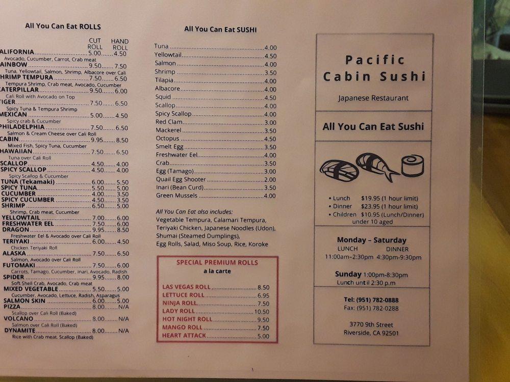 Menu at Pacific Cabin Sushi restaurant, Riverside
