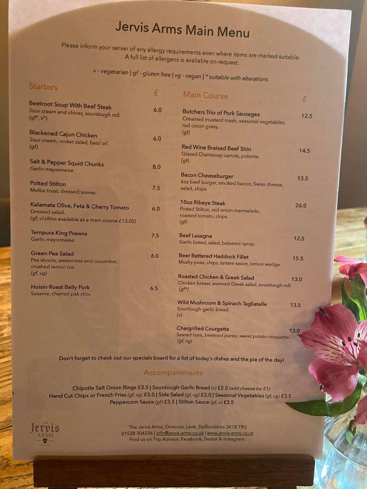 Menu at The Jervis Arms pub & bar, Onecote, Onecote