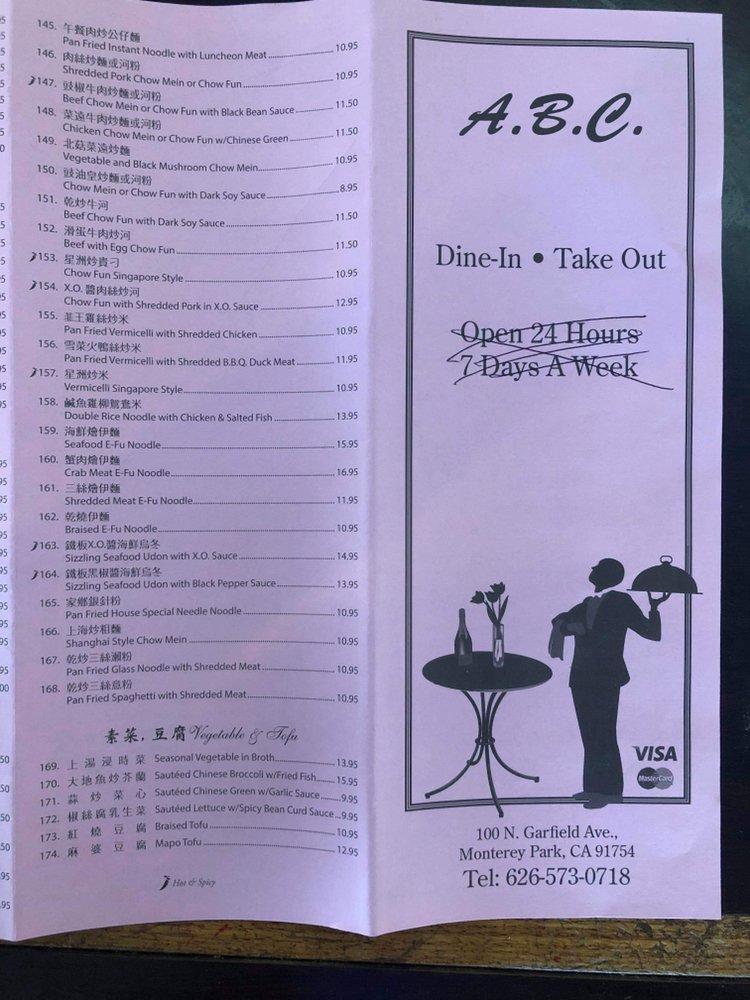 Menu at ABC Cafe, Monterey Park