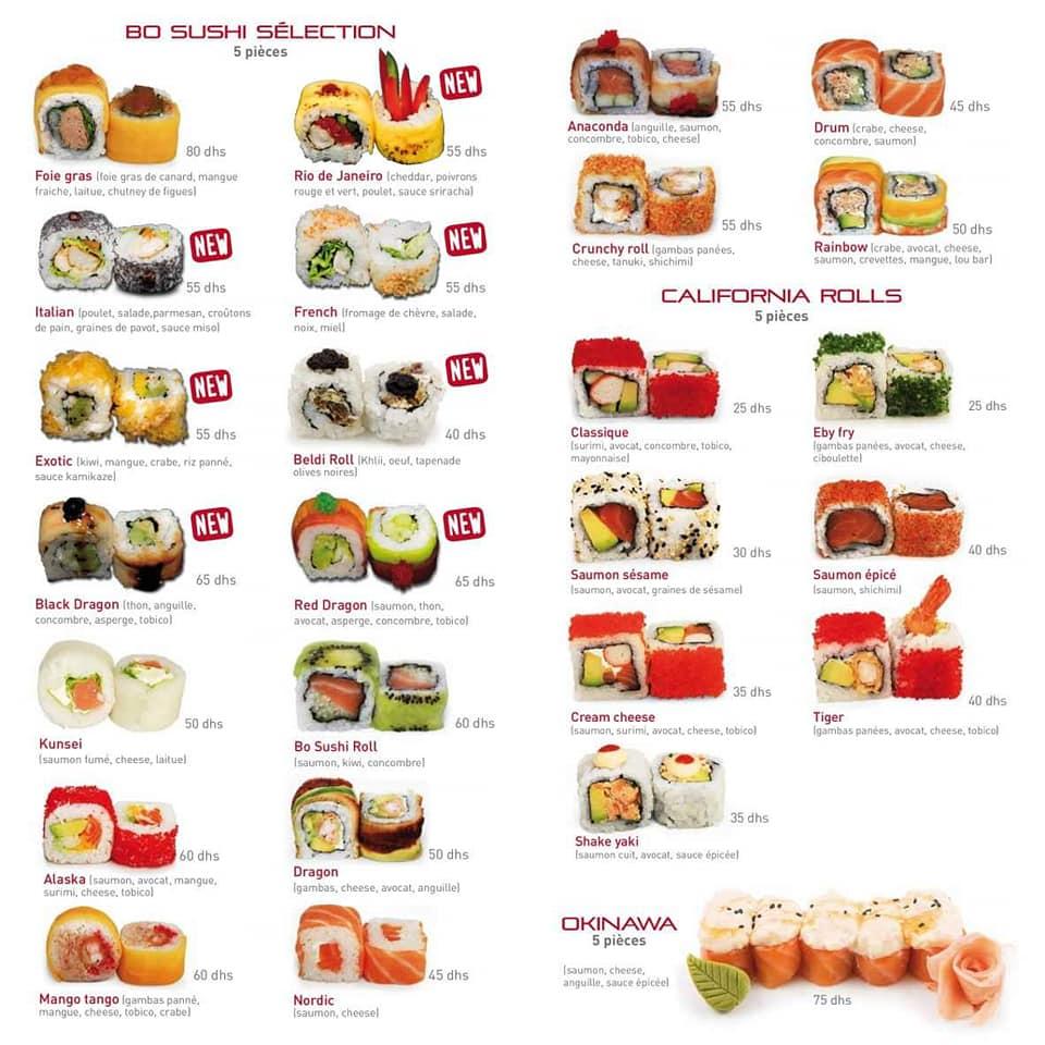 Menu at bo sushi restaurant, Casablanca, 184 Bd Ghandi