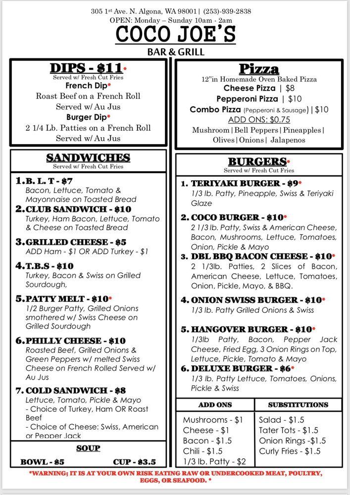 Menu at Coco Joe's Bar and Grill, Algona