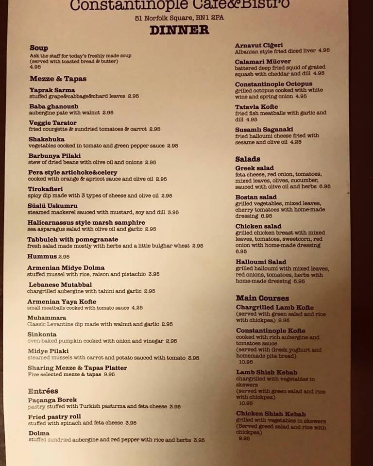 Carta de Constantinople Restaurant, Brighton