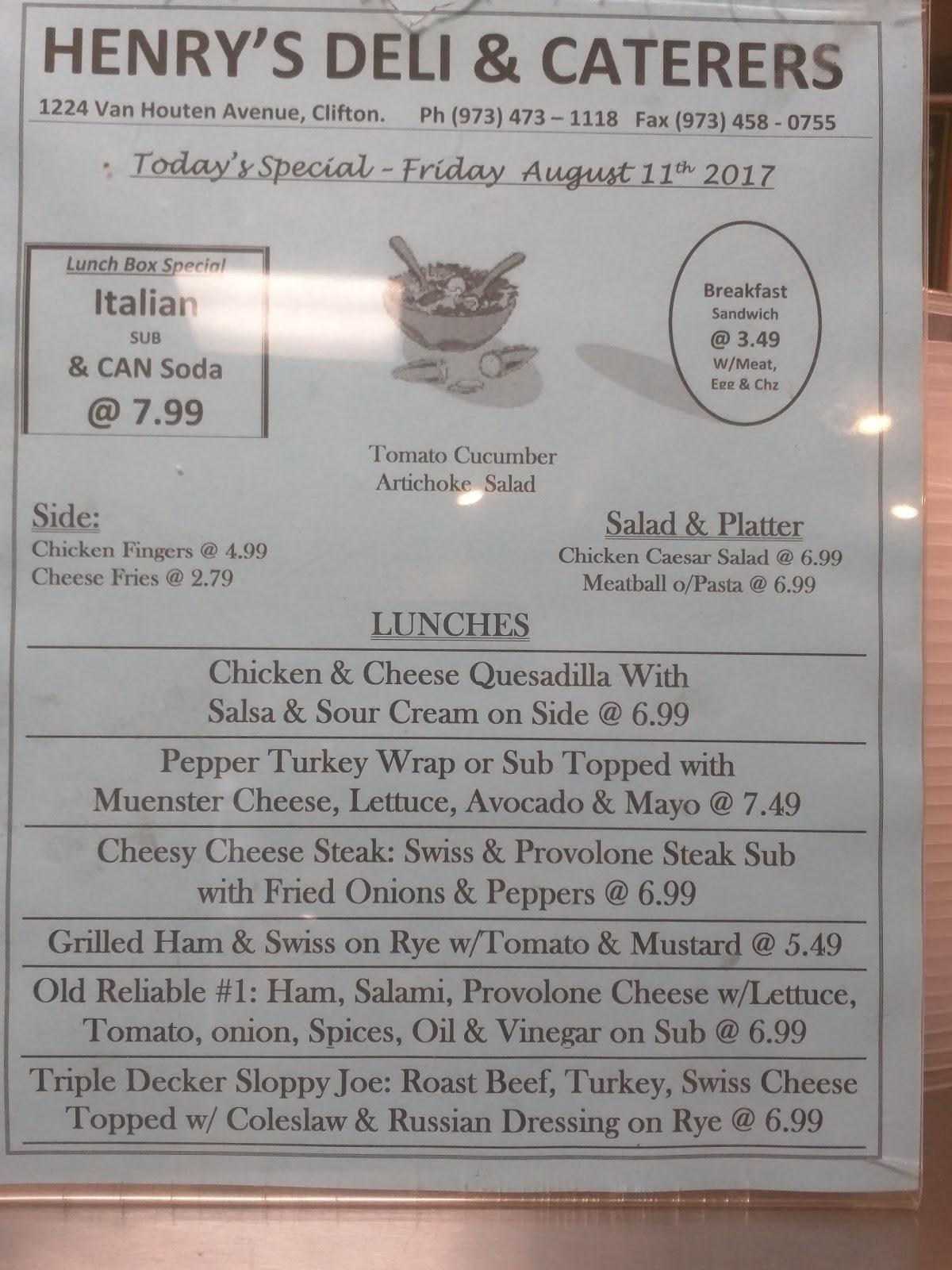 Menu at Henrys Delicatessen & Catering restaurant, Clifton