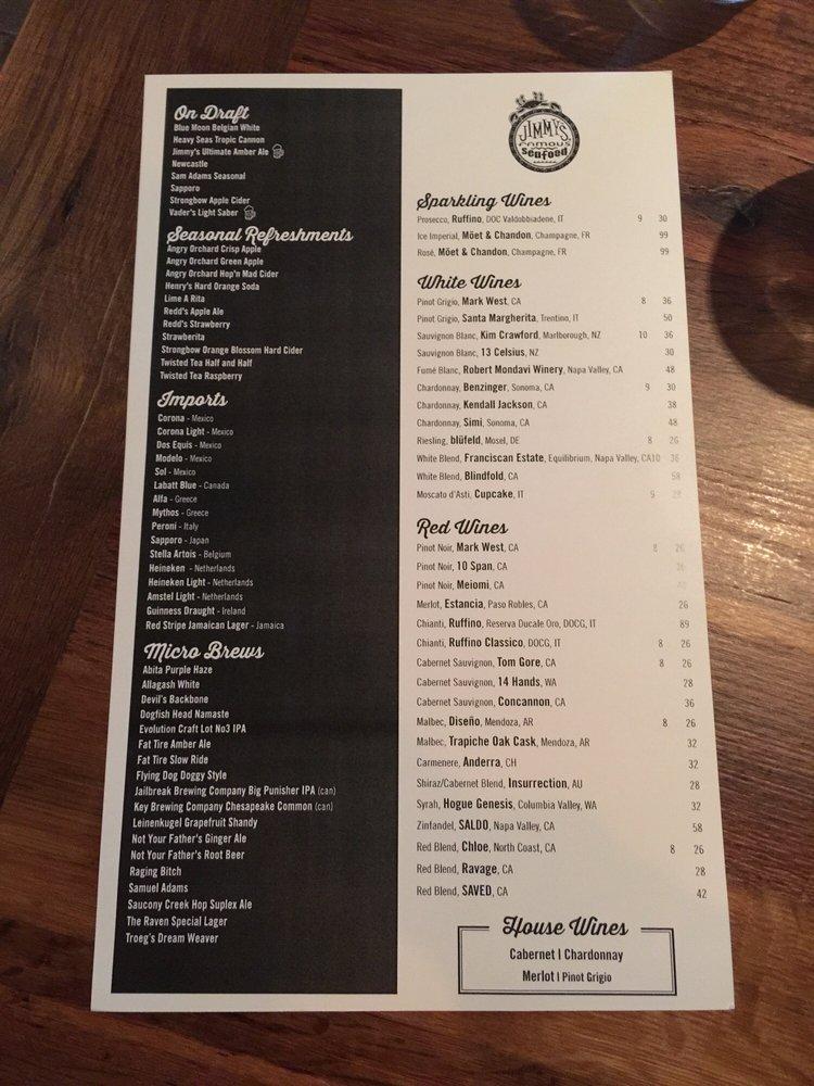 Menu at Jimmy's Famous Seafood steakhouse, Baltimore