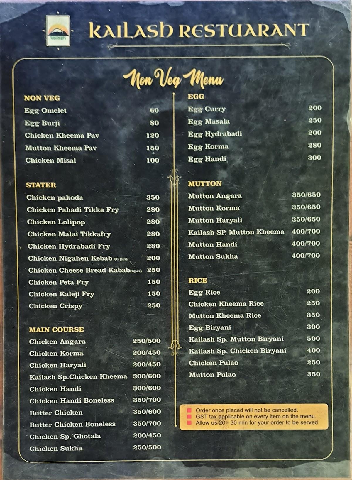 Menu at Kailash Restaurant, Lonavala, Pune, Lonavala