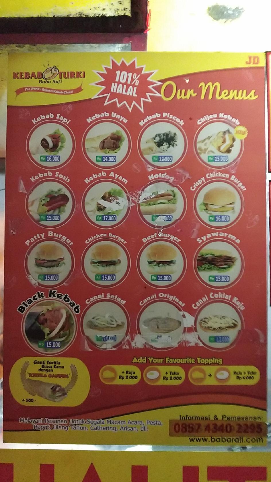 Menu at Kebab Turki Baba Rafi, Yogyakarta, Jl. Golo No.44-40