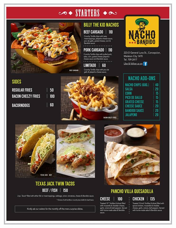 Menu at Nacho Bandido restaurant, Manila, 1008 Laong Laan Rd