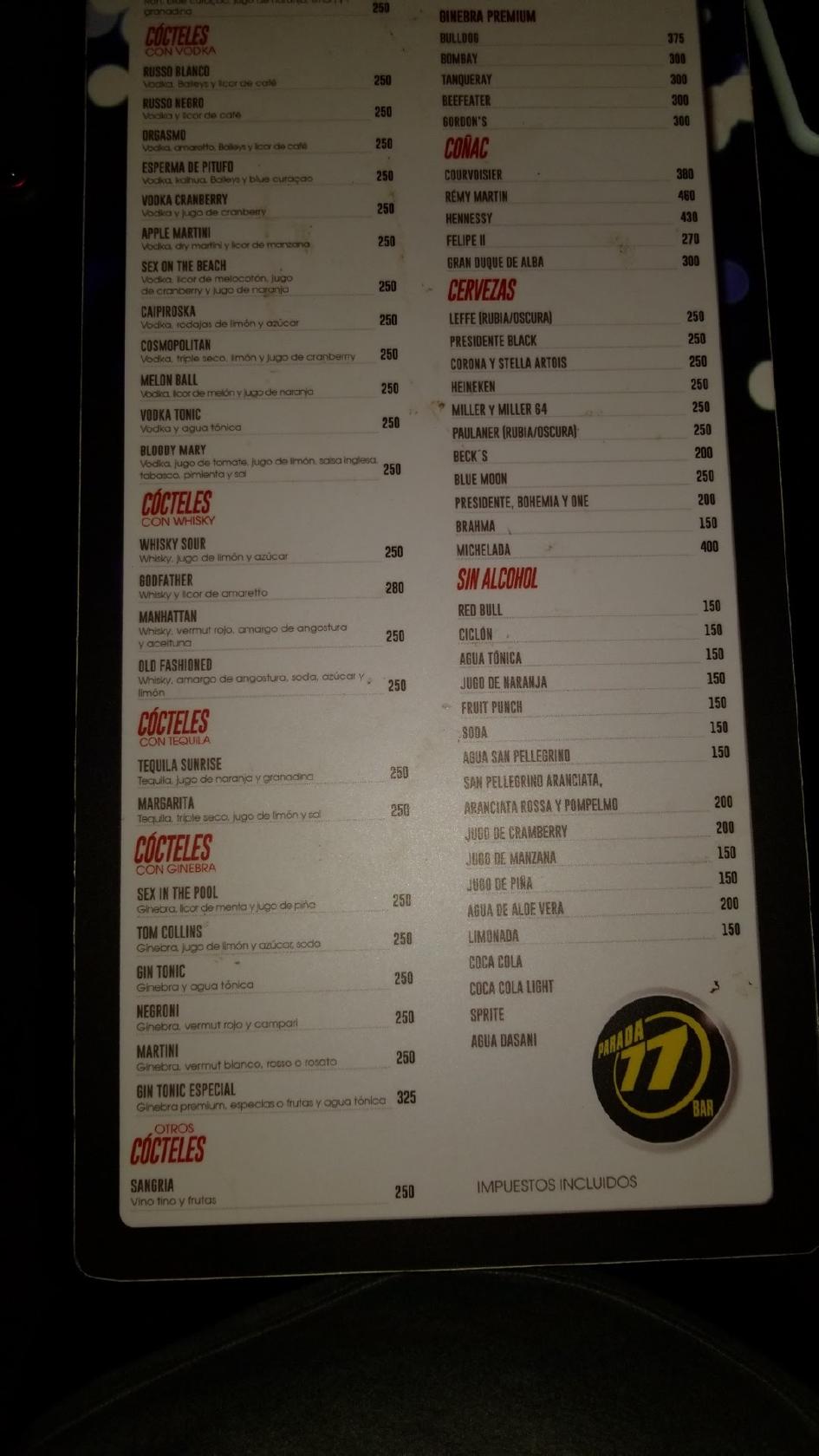 Carta del pub y bar Parada 77, Santo Domingo