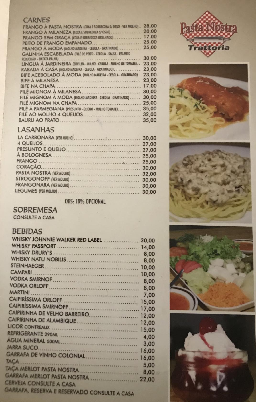 Menu at Pasta Nostra restaurant, São Francisco de Paula
