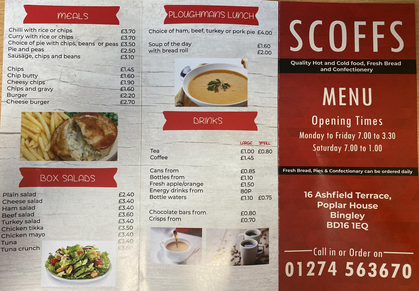 Menu at Scoffs cafe, Bingley