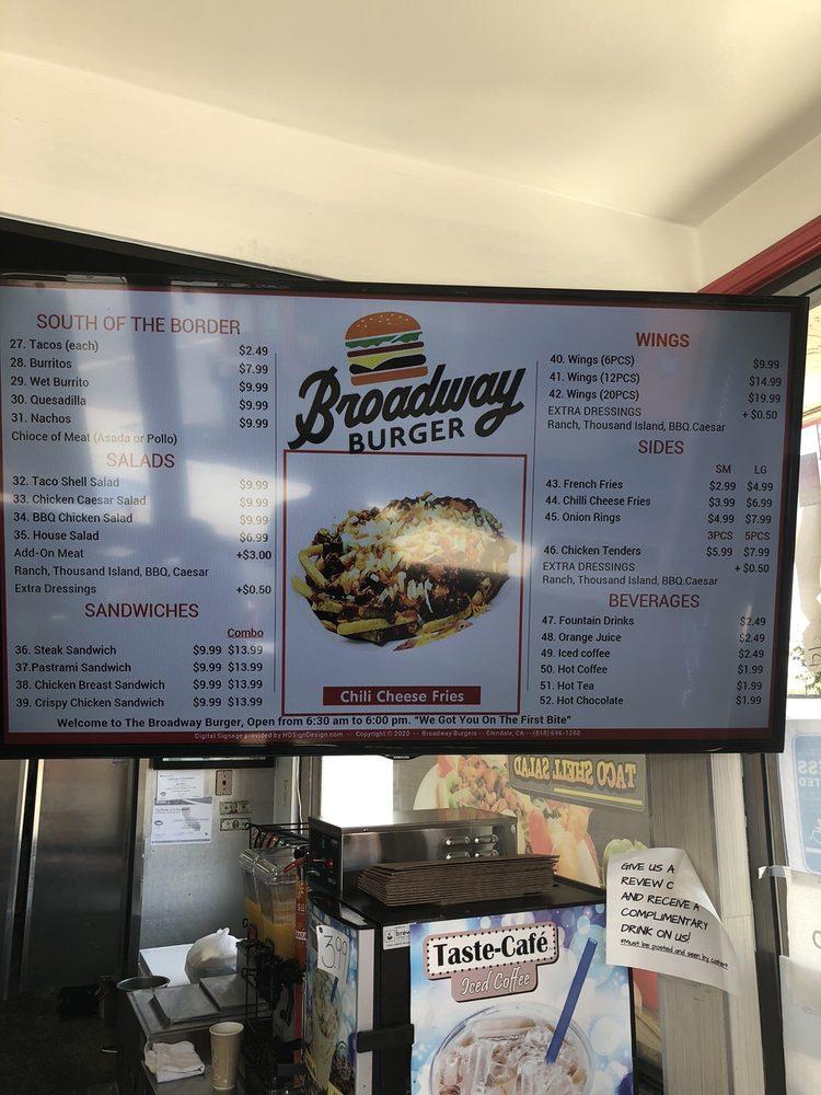 Menu at Broadway Burger restaurant, Glendale