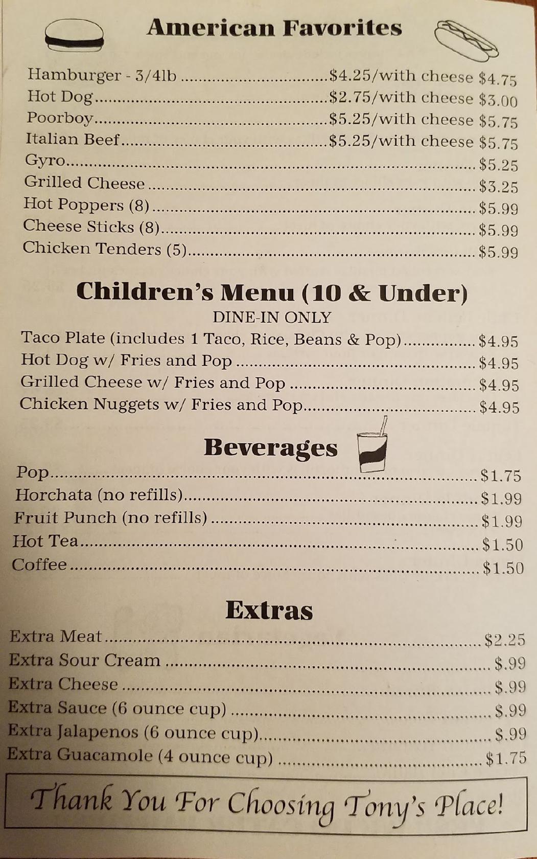 Menu at Tony's Place restaurant, Joliet, W Jefferson St