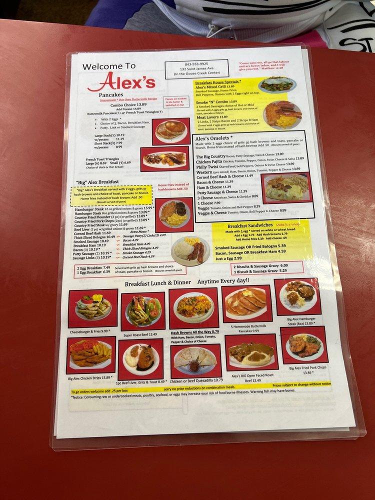 Menu at Alex's Restaurant, Goose Creek, 132 St James Ave