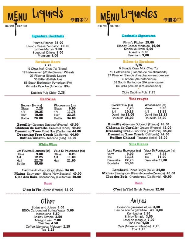 Menu au Chez Moi Chez Toi restaurant, Knowlton