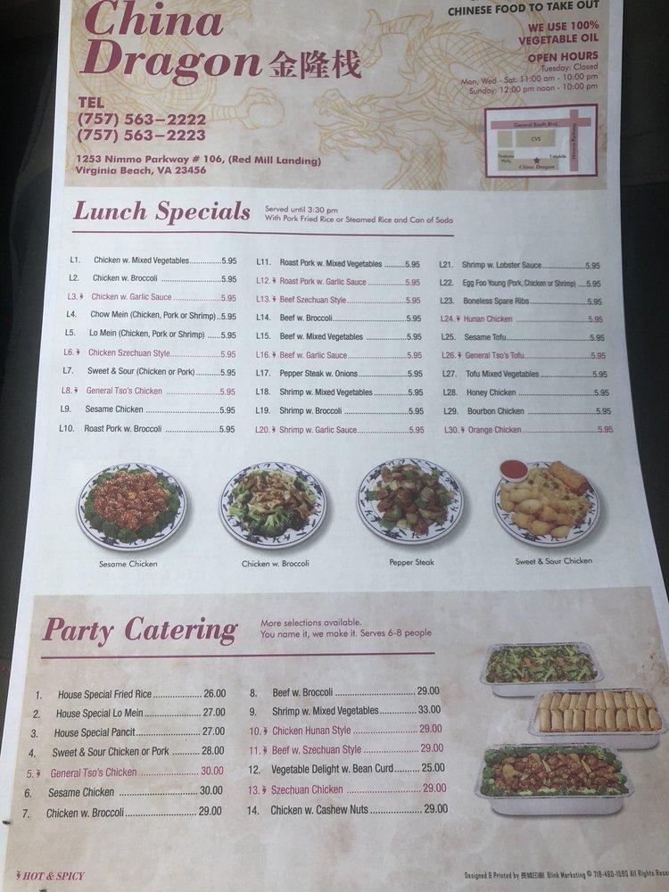 Menu at China Dragon restaurant, Virginia Beach
