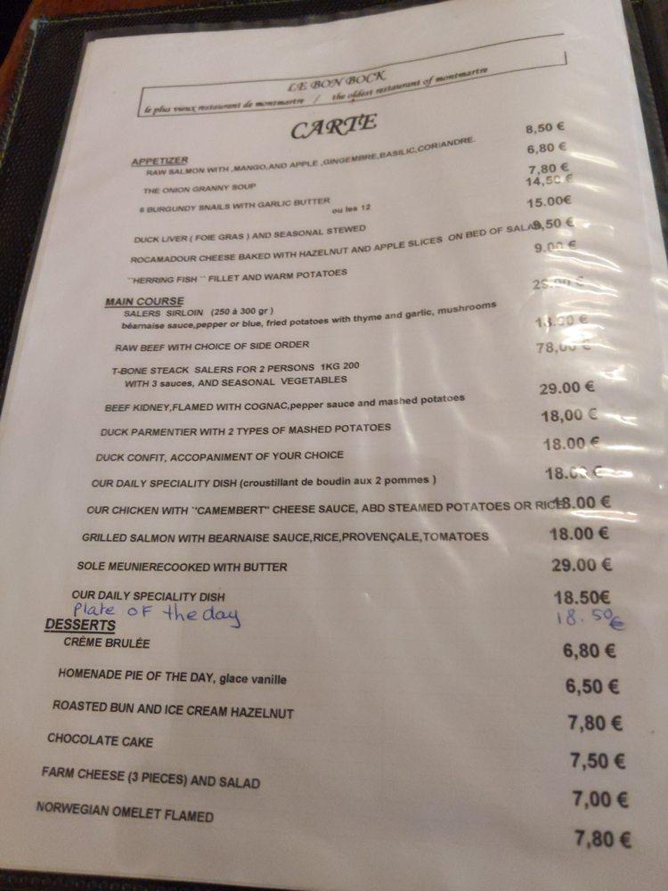 Menu au LE BON BOCK restaurant, Paris