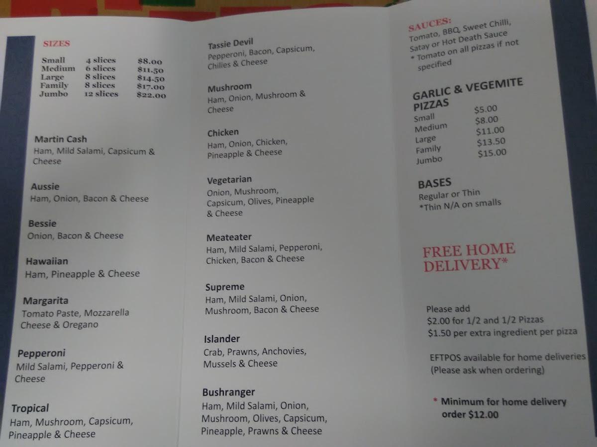Menu at Martin Cash Pizza pizzeria, New Norfolk