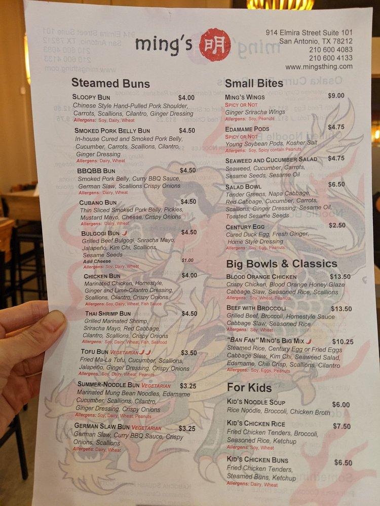 Menu at Ming's restaurant, San Antonio, 914 E Elmira St