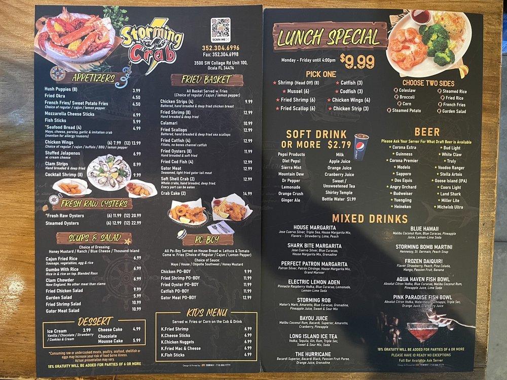 Menu at Storming Crab restaurant, Ocala