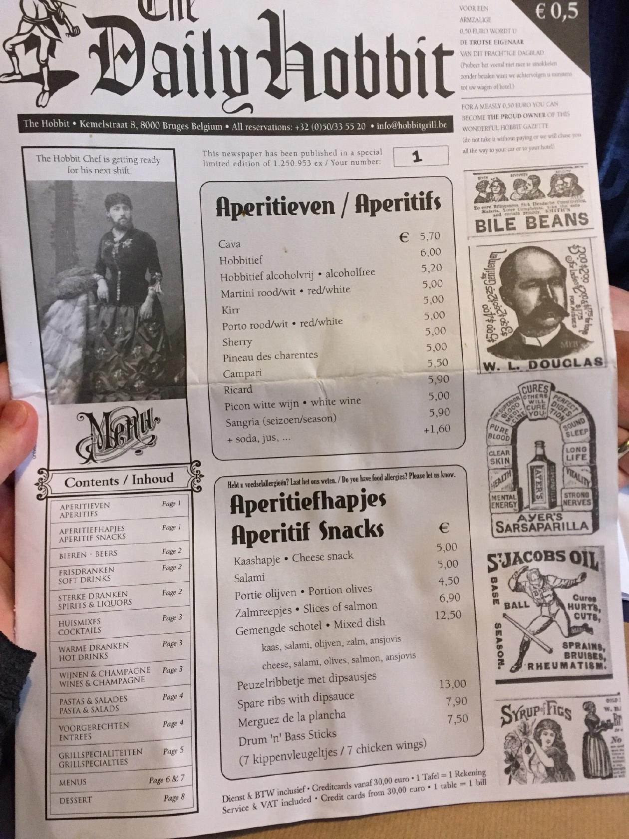 Speisekarte von The Hobbit, Brugge
