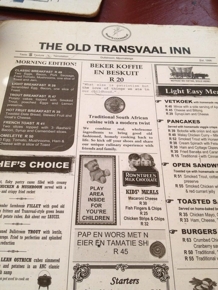 Menu at Old Transvaal Inn cafe, Dullstroom, Main Street of Dullstroom