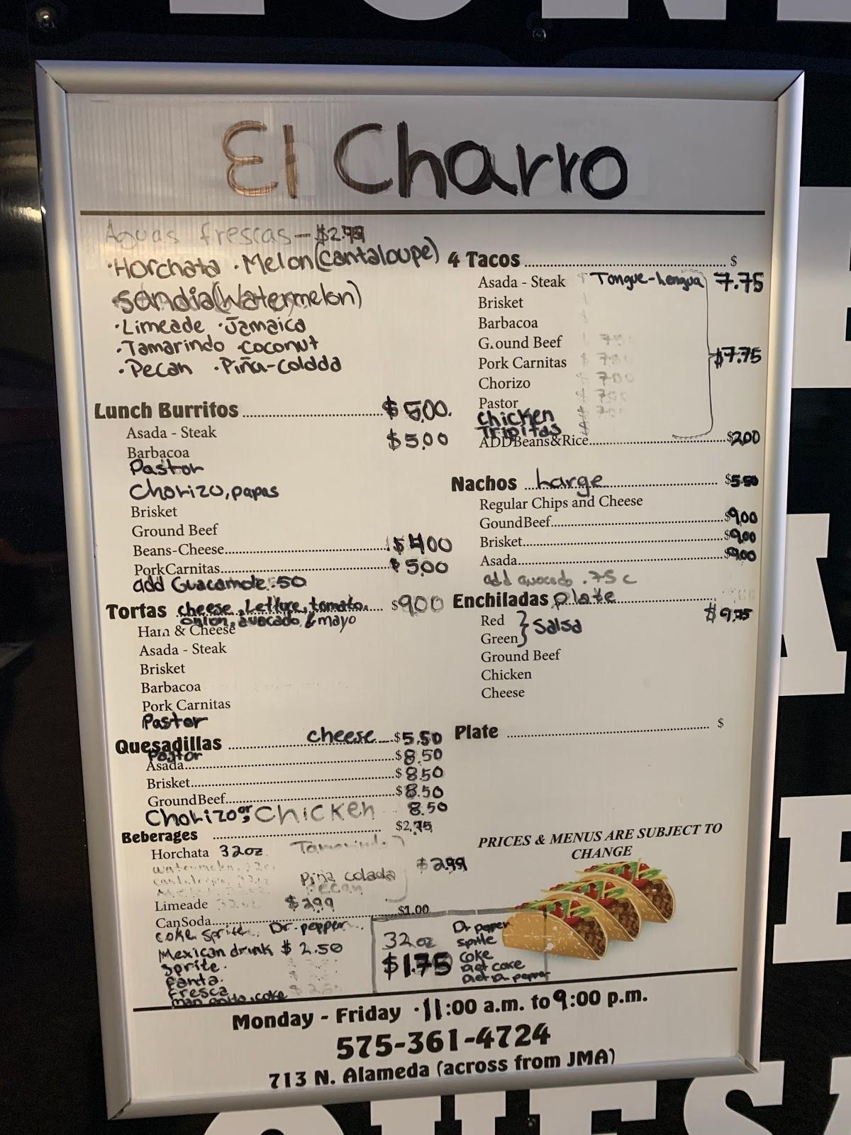 Menu at El Charro restaurant, Carlsbad