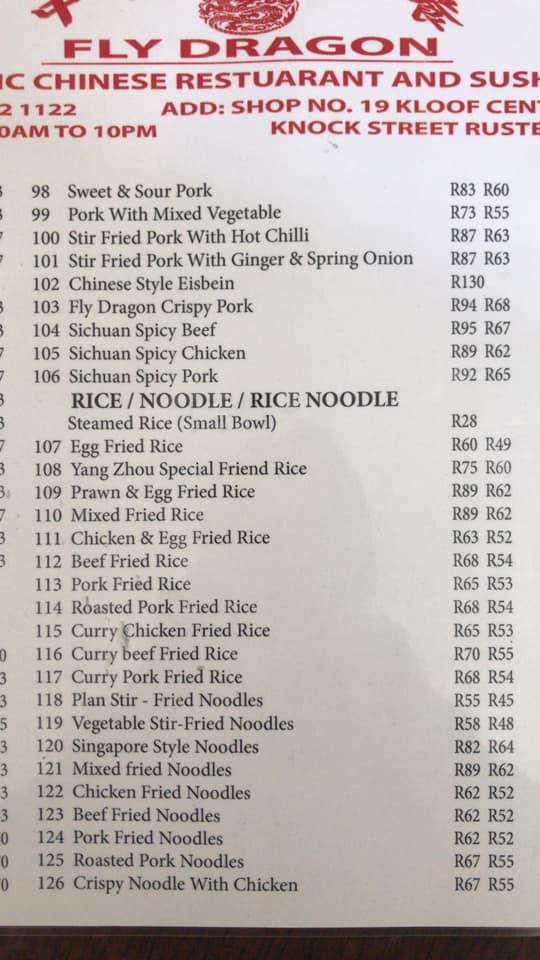 Menu at Fly Dragon restaurant, Rustenburg