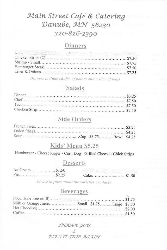 Menu at Main Street Cafe & Catering, Danube
