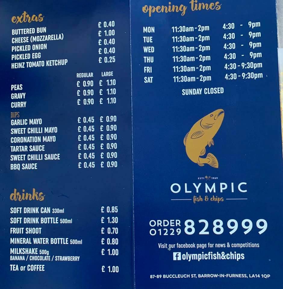 Menu at Olympic fast food, Barrow-in-Furness