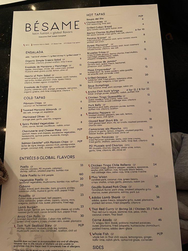 Menu at Besame Steamboat restaurant, Steamboat Springs