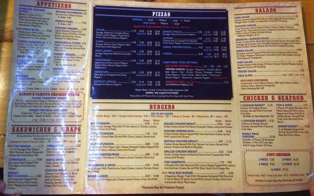 Menu at Bimbo's Octagon pizzeria, Side Lake, Hwy 5