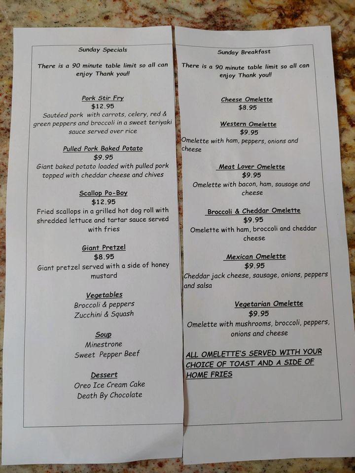 Menu at Casey's Cafe, Ellington