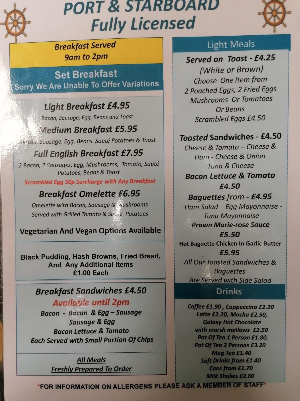 Menu at Port & Starboard cafe, Eastbourne