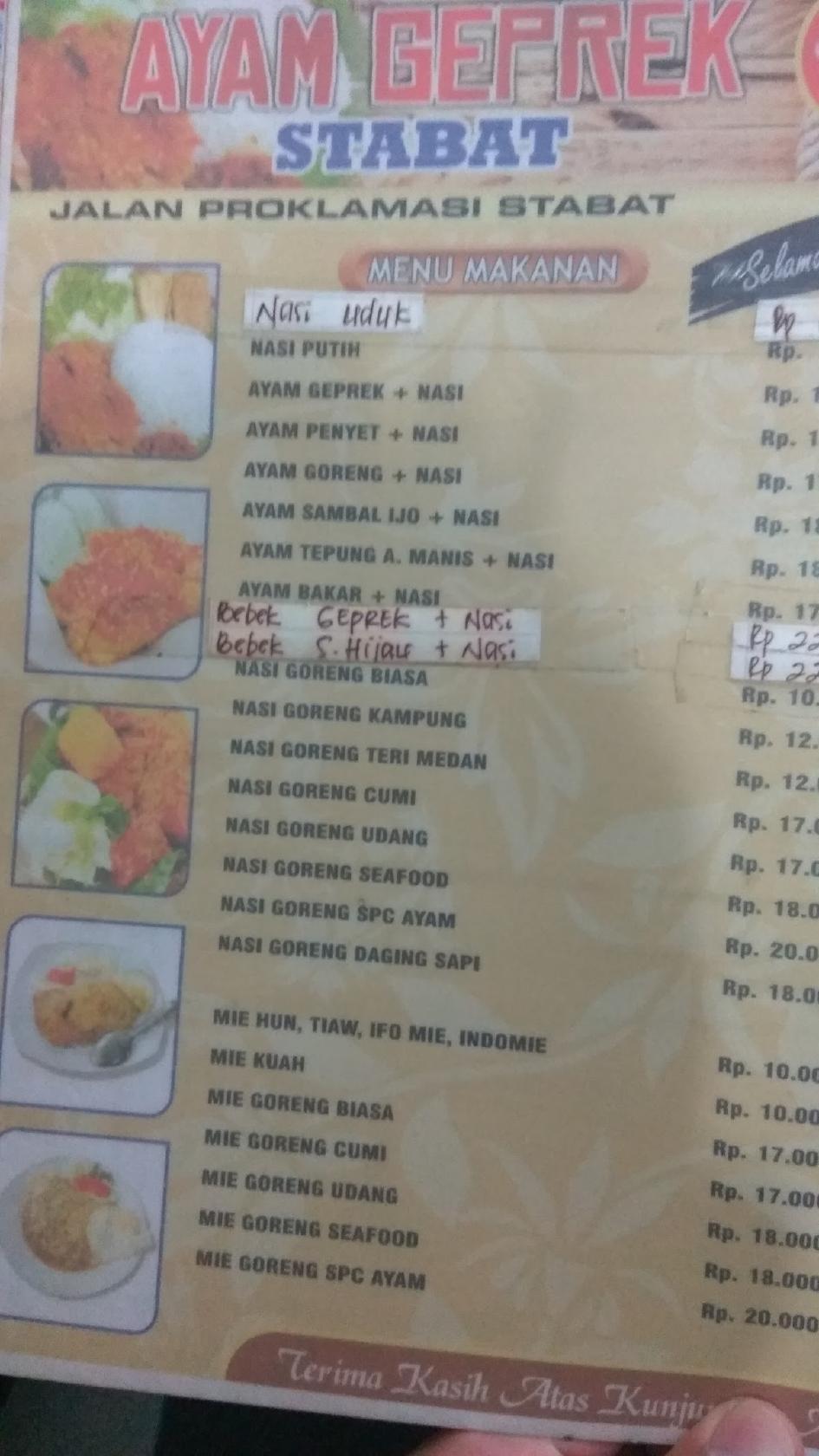 Carta del restaurante Ayam Penyet Stabat, Stabat