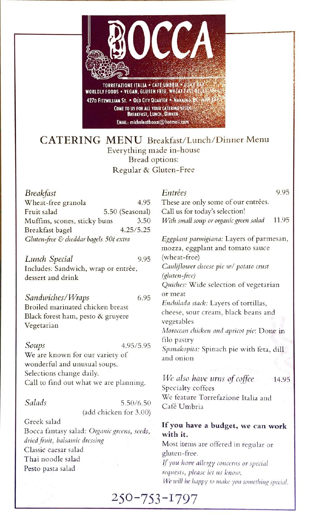 Menu at Bocca Café, Nanaimo