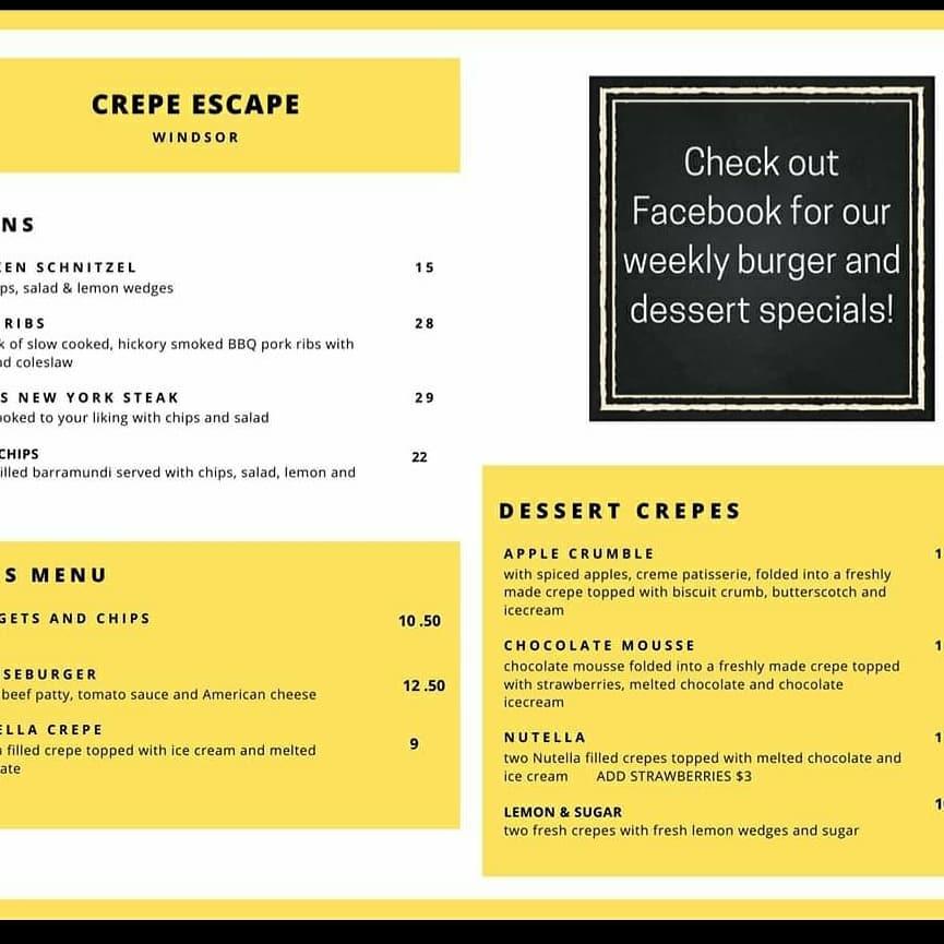 Menu at Crepe Escape restaurant, Windsor