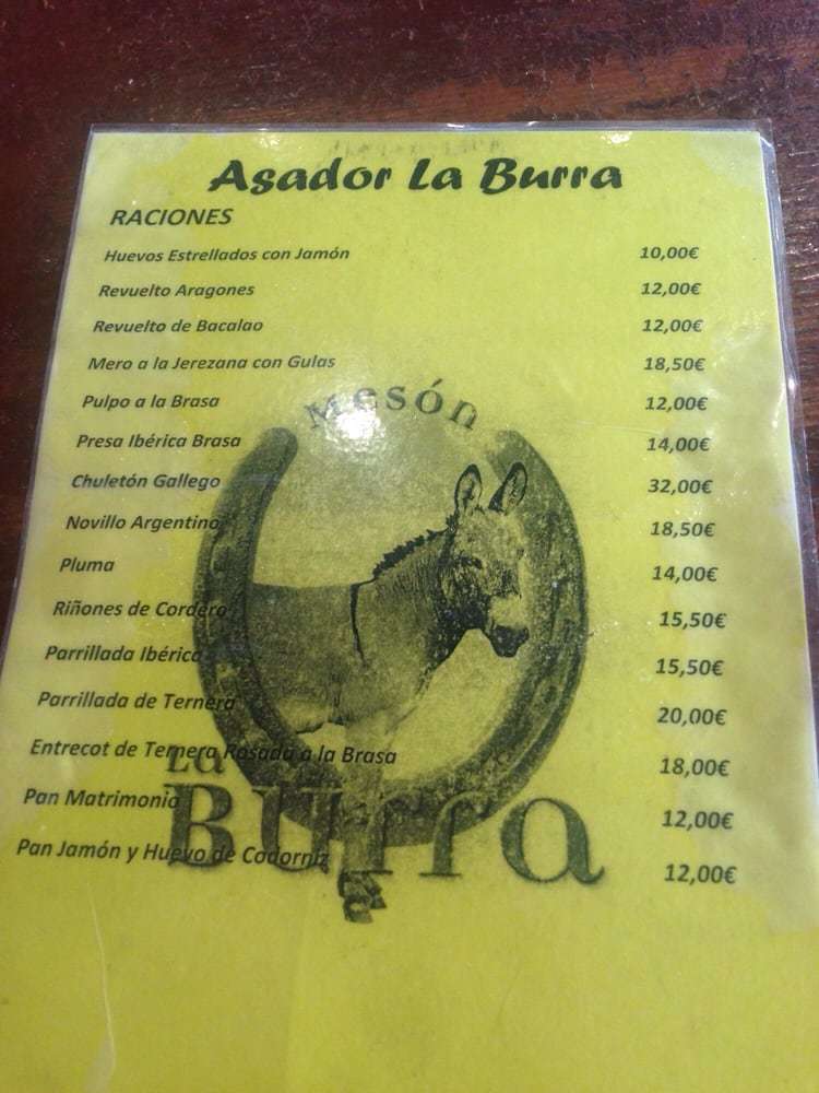 Menu at El Asador la Burra steakhouse, Seville