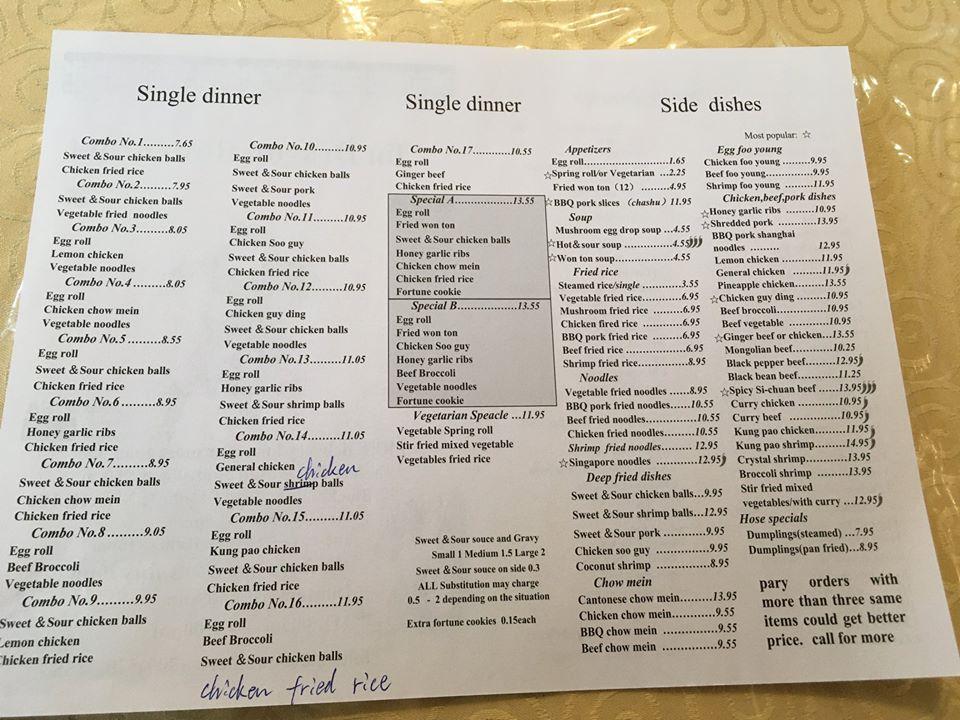 Menu at Jin Dragon restaurant, St. John's