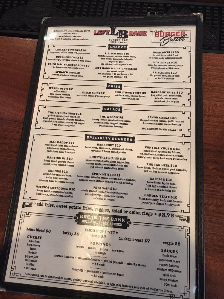 Menu at Left Bank Burger Bar, Jersey City