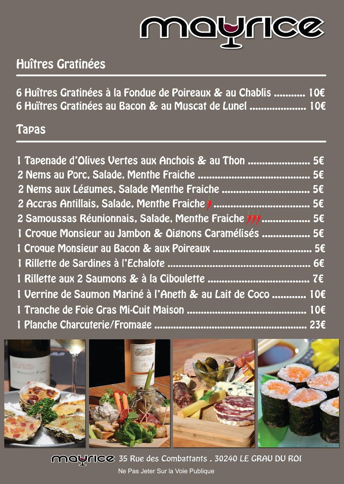 Menu at Maurice restaurant, Le Grau-du-Roi